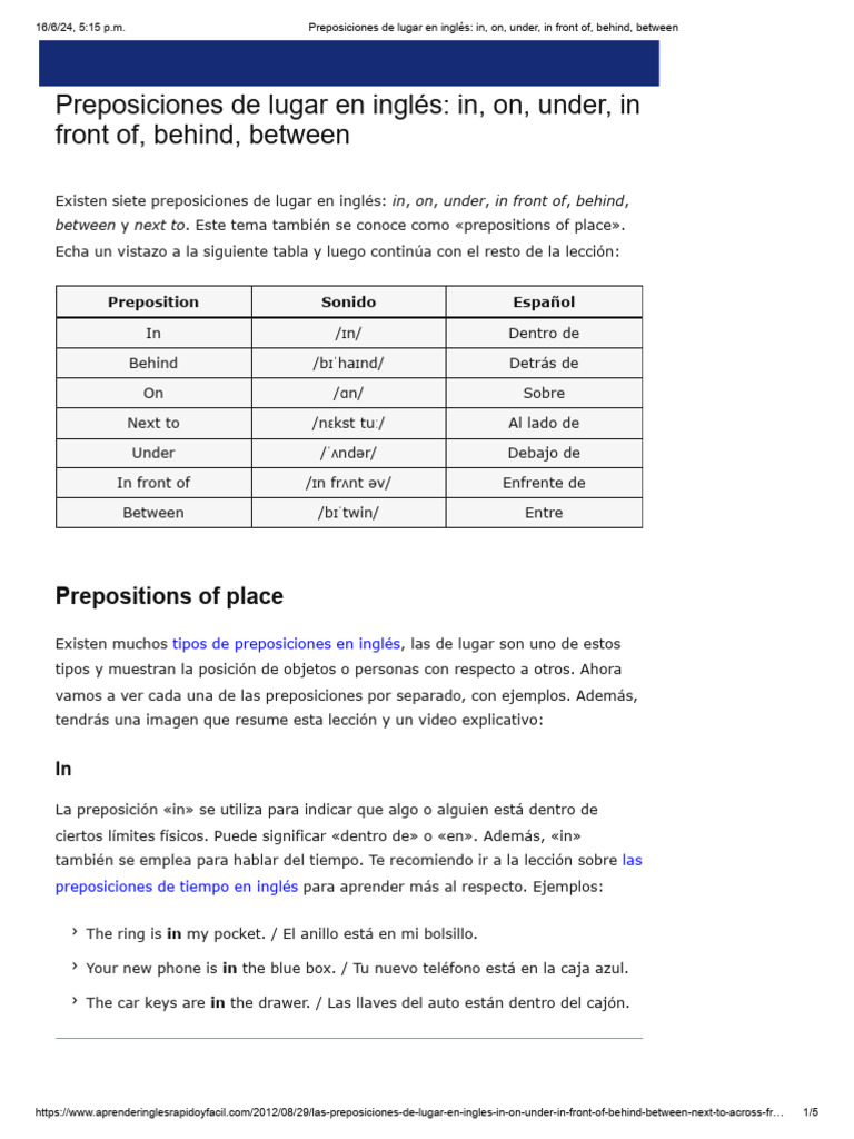 Preposiciones de Lugar en Inglés - In, On, Under, in Front Of, Behind ...