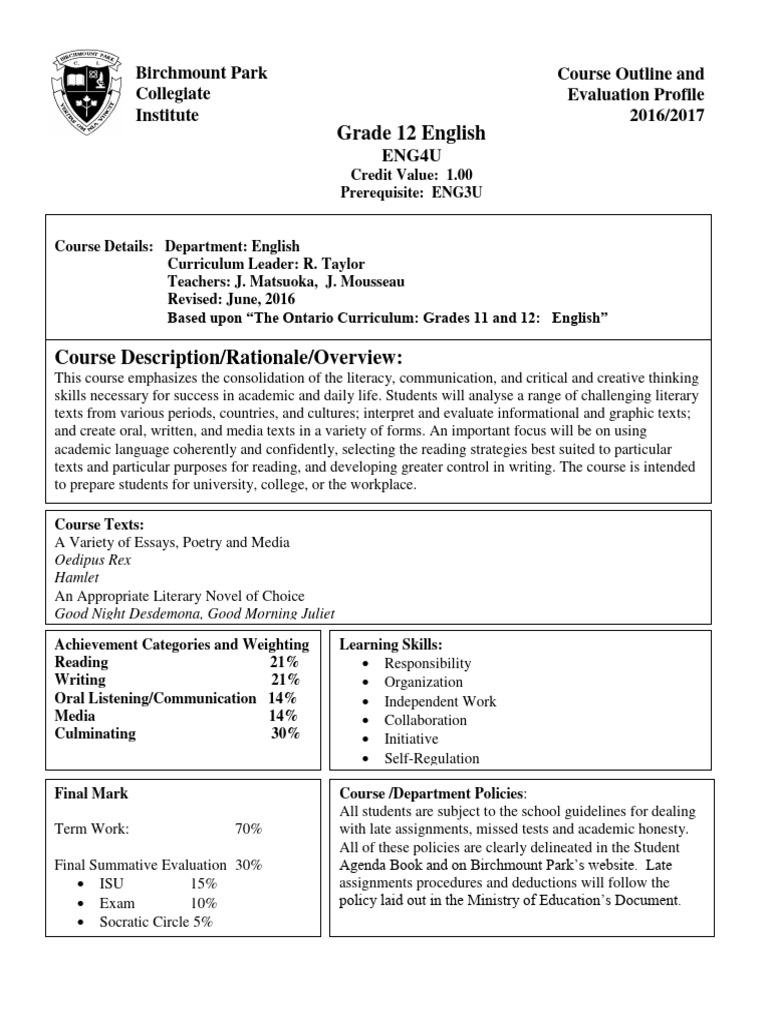 ENG4U1 | PDF | Essays | Curriculum