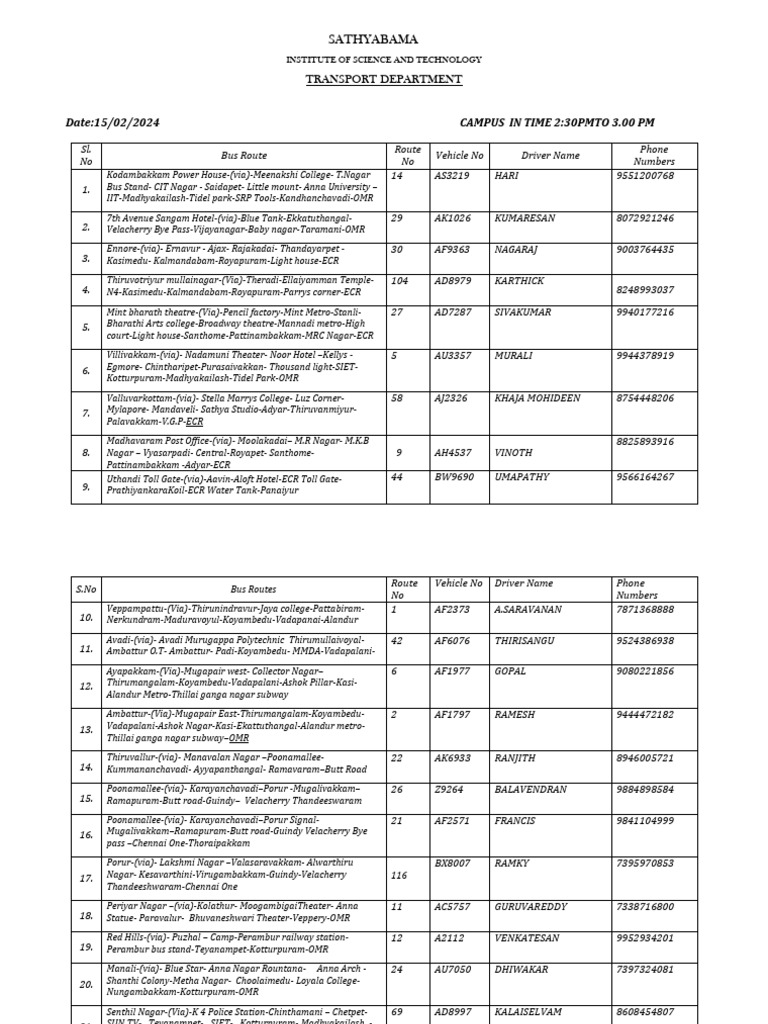 15TH Feb 2024 Culturals Route List | PDF