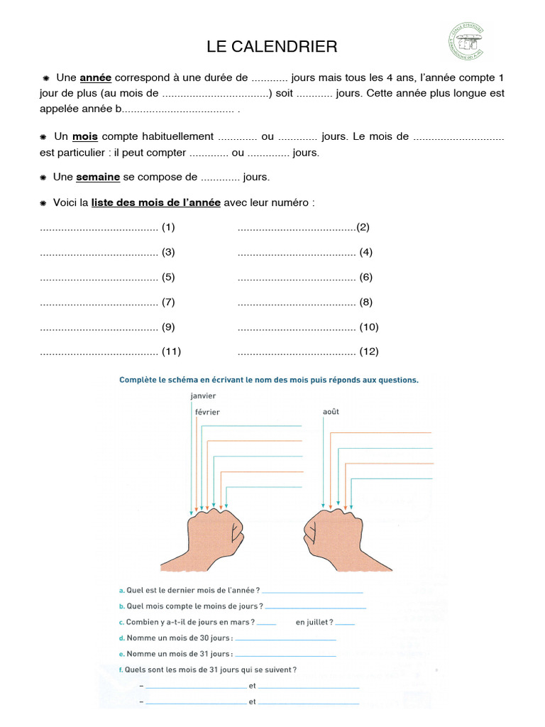 Exercices sur le calendrier CE2 | PDF