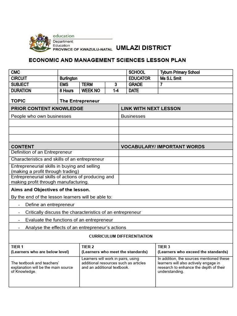 CAPS Lesson Plan EMS Grade 7 | PDF | Entrepreneurship | Learning