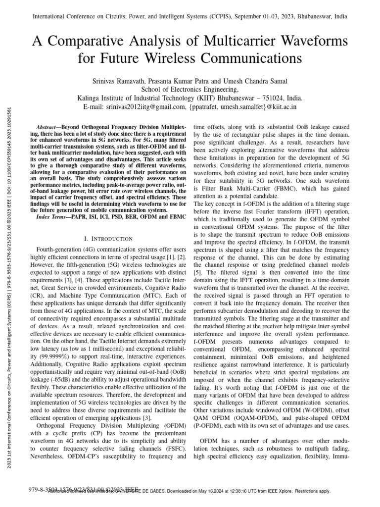 A Comparative Analysis Of Multicarrier Waveforms For Future Wireless Communications Pdf