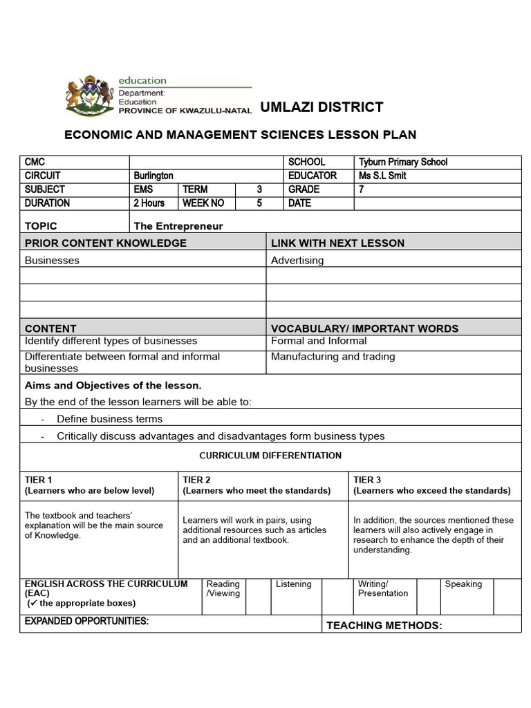 EMS Lesson Plan Grade 7 Term 3 | PDF | Learning | Teachers