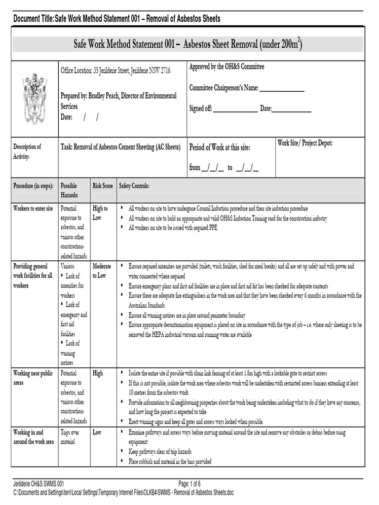 Asbestos Removal SWMS Template | PDF | Waste | Asbestos