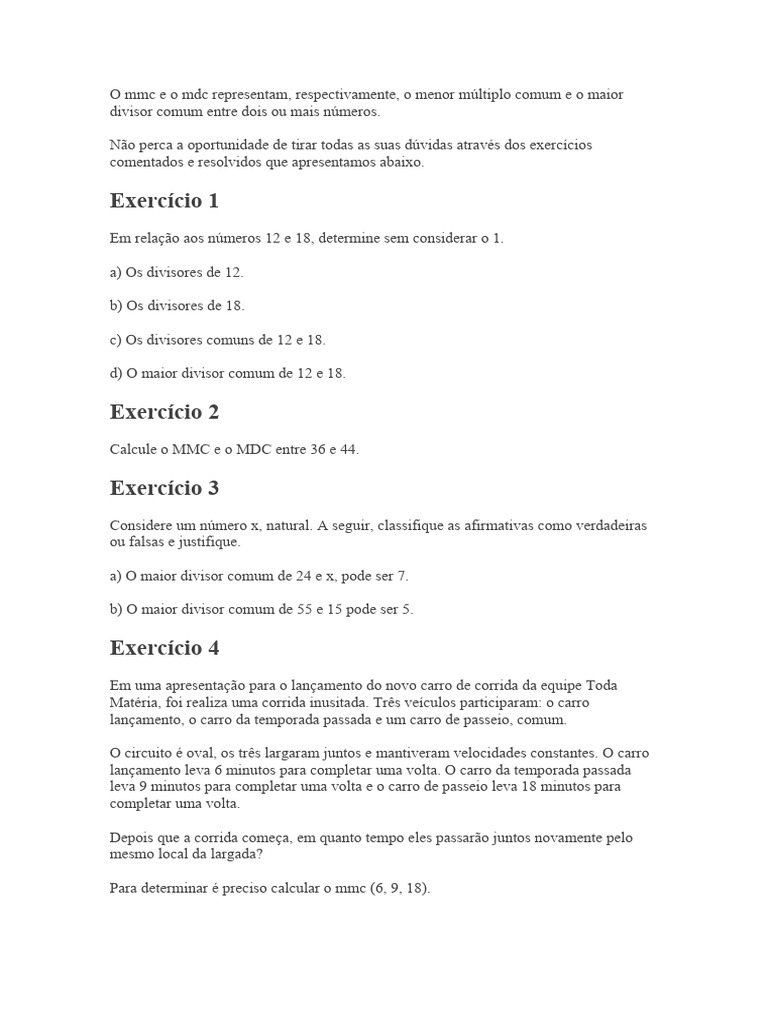 MMC e MDC: Exercícios Resolvidos | PDF | Casa e Jardim | Tecnologia e ...