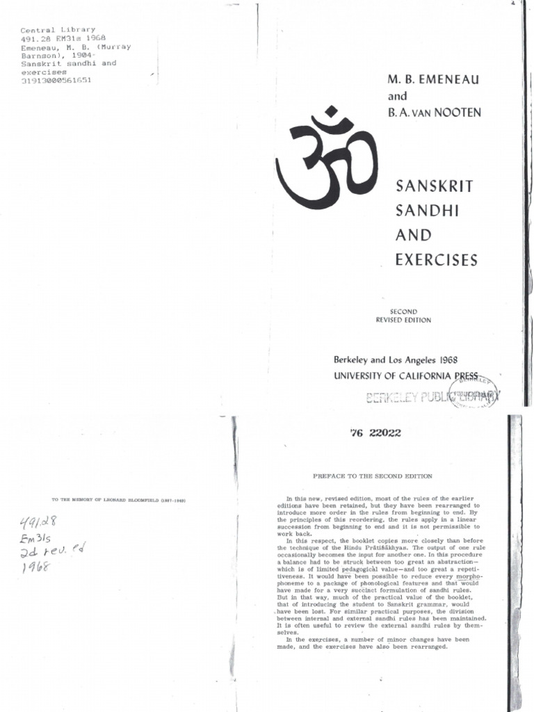 Sanskrit Sandhi and Exercises - M - B - Emeneau, B - A - Van Nooten - 2 ...