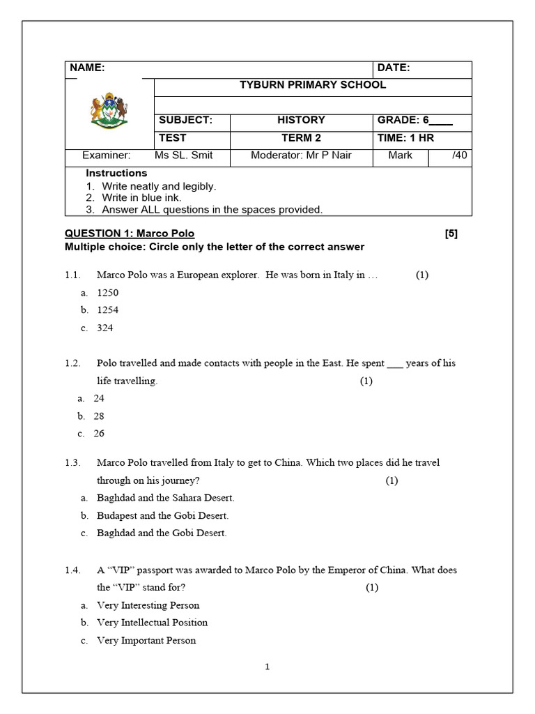 grade 6 history test term 2 | PDF | Renaissance | Scientist