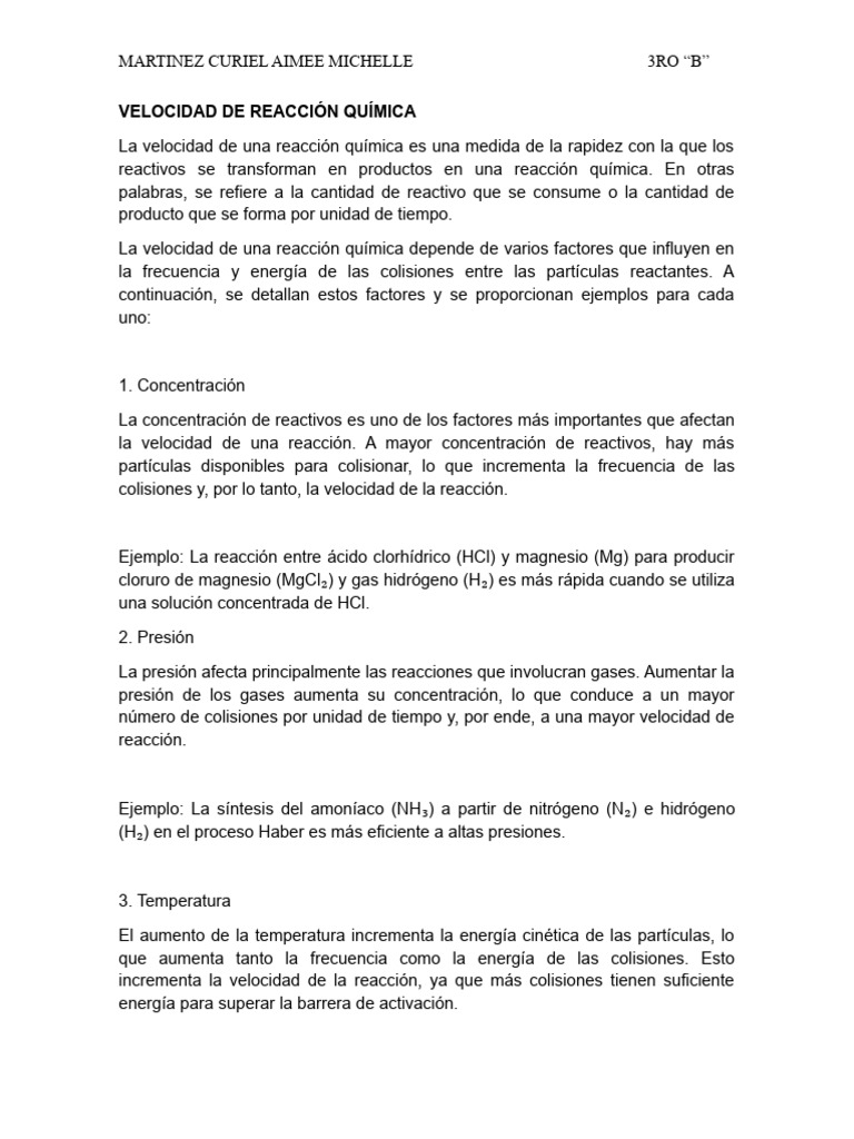 Velocidad de Reacción Química | PDF | Catálisis | Reacciones químicas