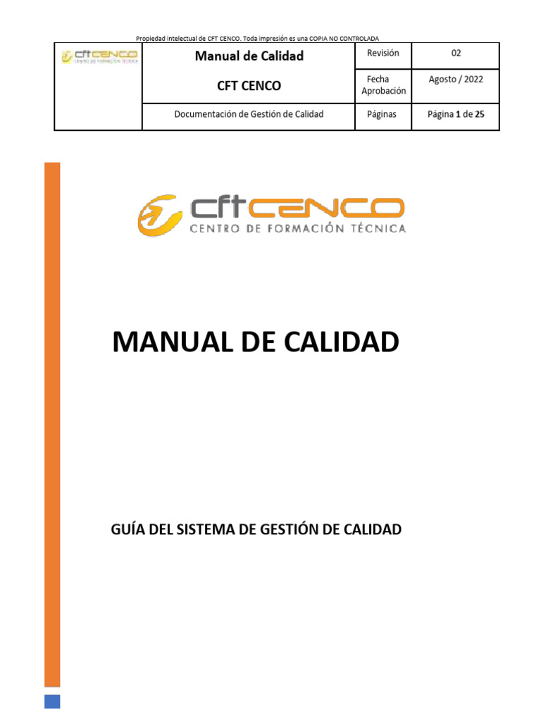 Manual SGC CALIDAD-CFT CENCO - 2022 | PDF | Calidad (comercial ...