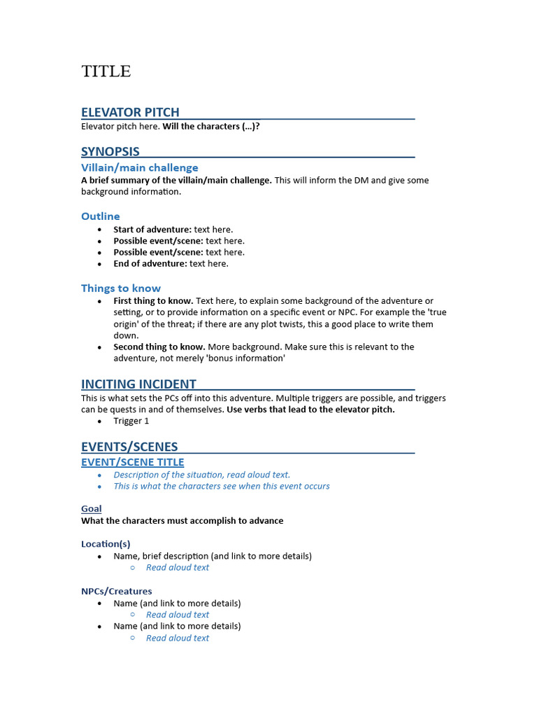 D&D Adventure Writing Template | PDF | Gaming | Role Playing Video Games