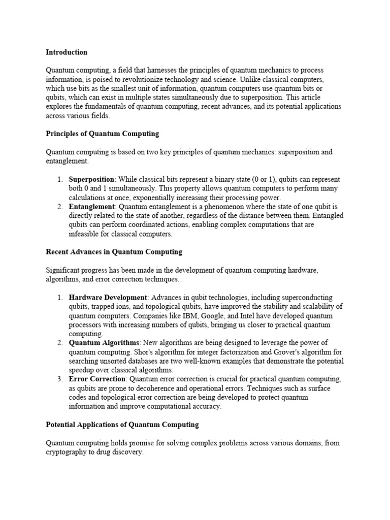 Advances in Quantum Computing and Its Potential Applications | PDF | Quantum Computing | Computing