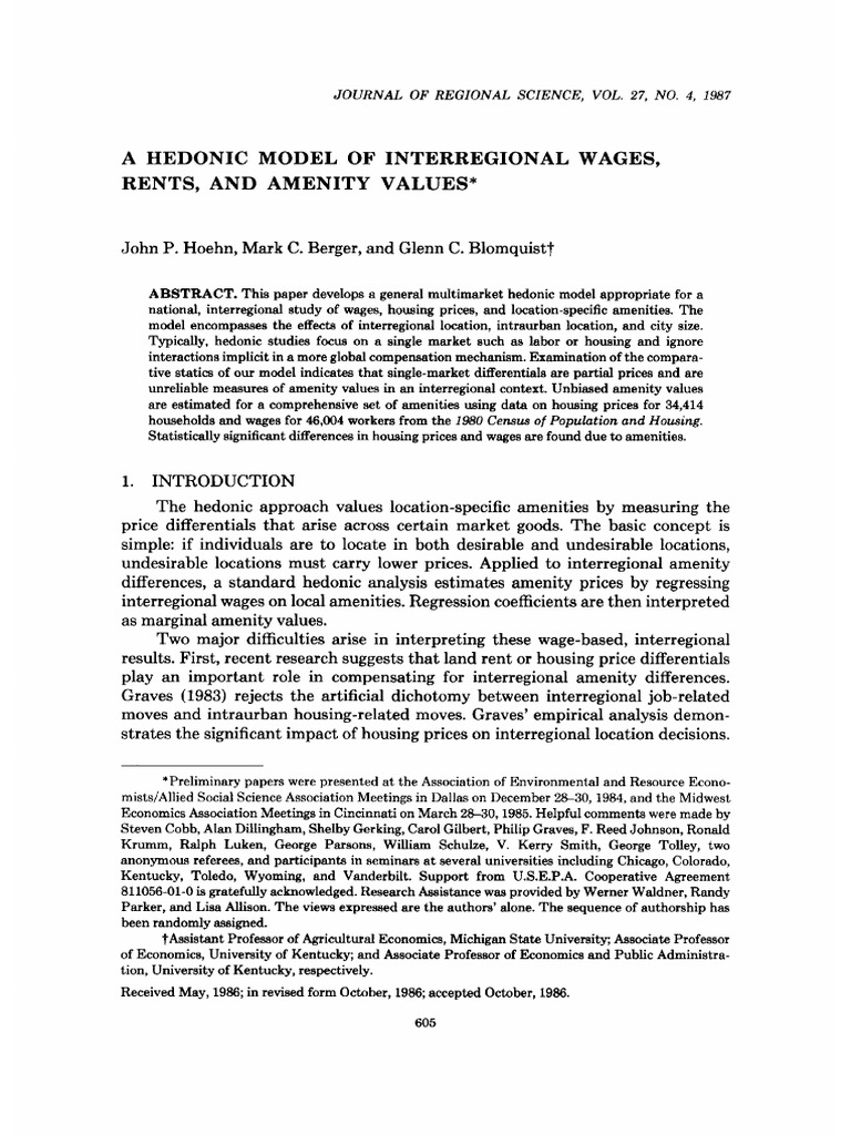 Hoehn (1987) - A Hedonic Model of Interregional Wages, Rents and ...