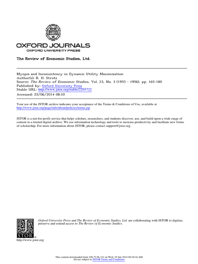 Strotz 1955 1956 Myopia And Inconsistency In Dynamic Utility