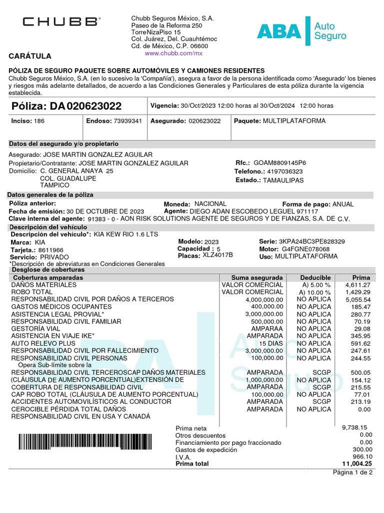 Póliza de Seguro Auto Chubb 2023 | PDF | Póliza de seguros | Vehículos