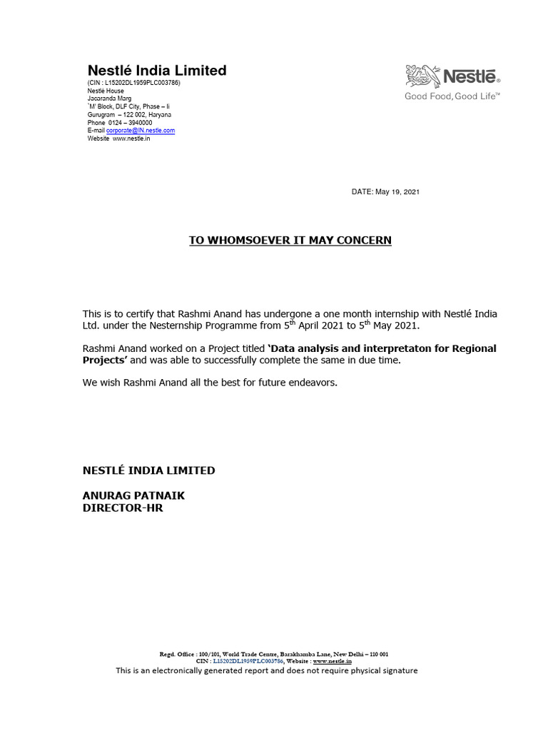 Nestle Internship Certificate | PDF