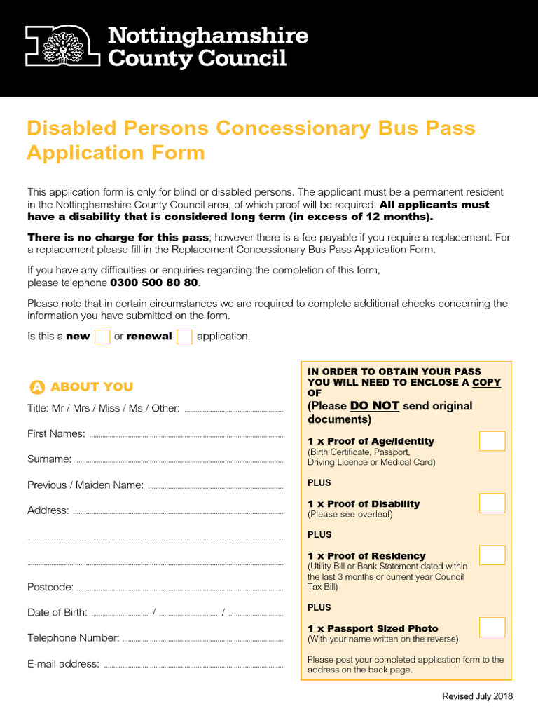 Disabled Persons Concessionary Bus Pass Application Form | PDF | Identity Document