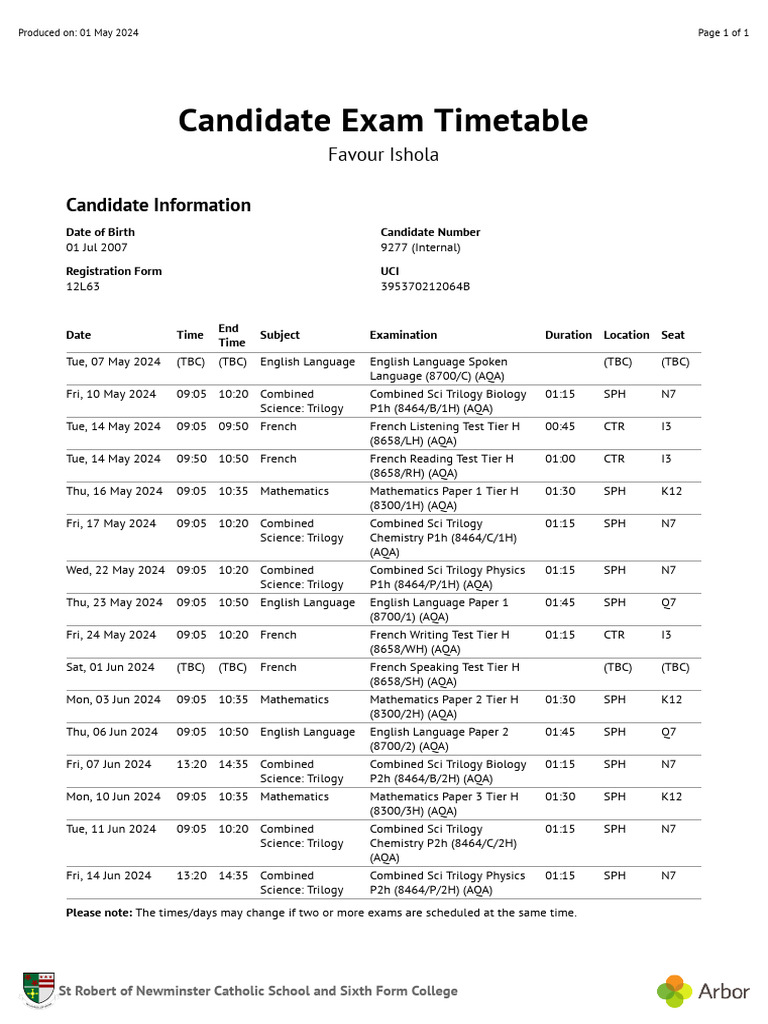 Exam Schedule for Students | PDF | Schools | Tests