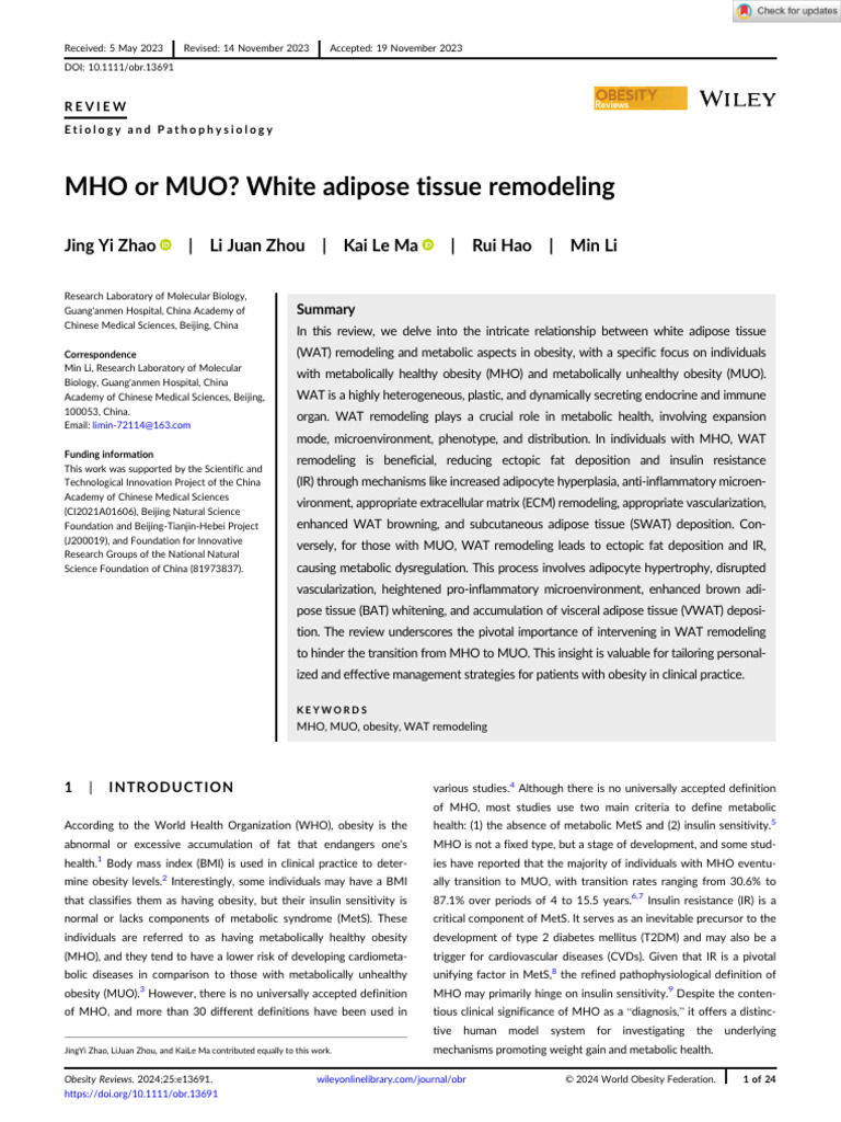 Obesity Reviews - 2024 - Zhao - MHO or MUO White Adipose Tissue ...