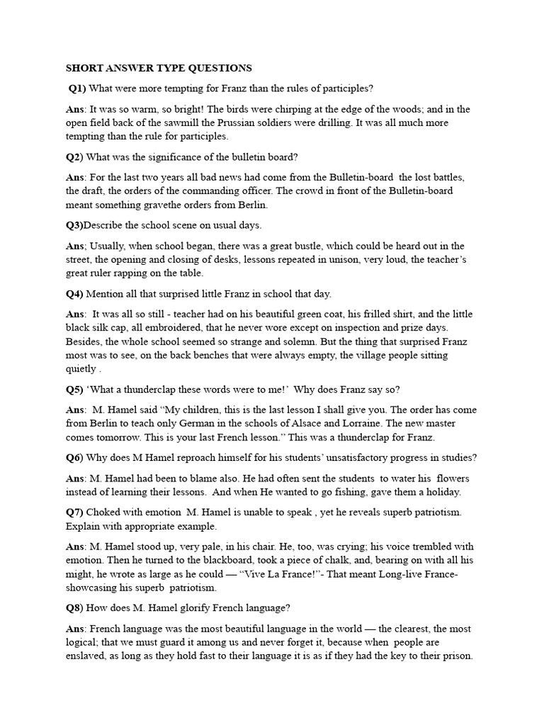 The Last Lesson (Ques. Ans.) | PDF