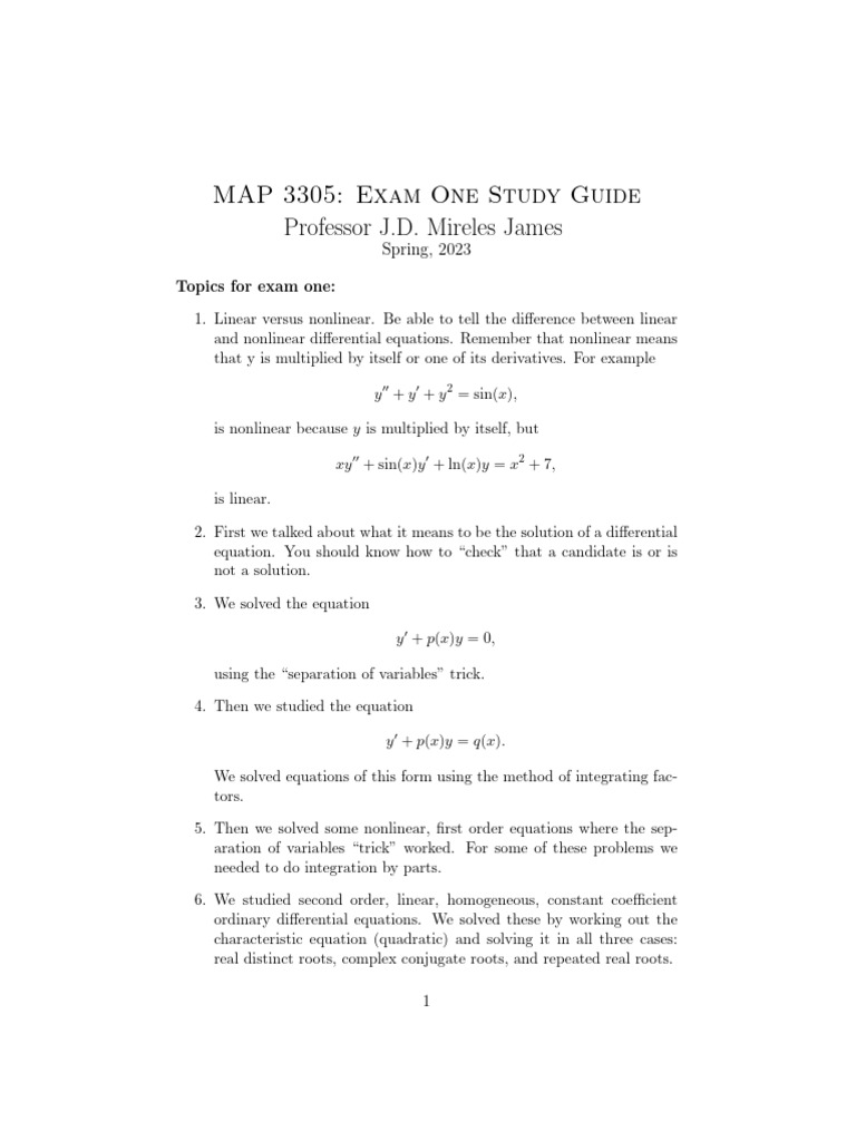 Differential Equations Exam Study Guide | PDF | Nonlinear System ...