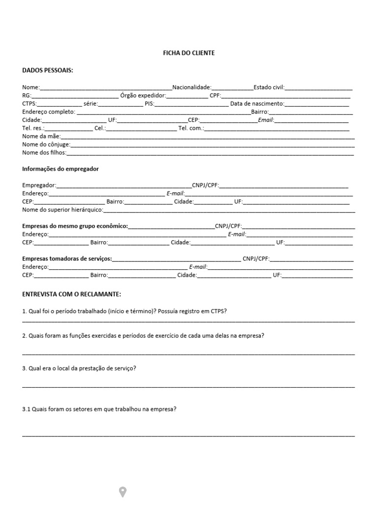 FICHA DO CLIENTE - TRABALHISTA - MODELO | Download grátis PDF | Trabalho
