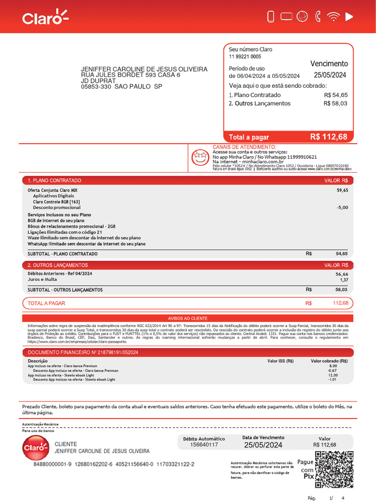 Fatura Claro | PDF | Conta de transação | Finanças pessoais
