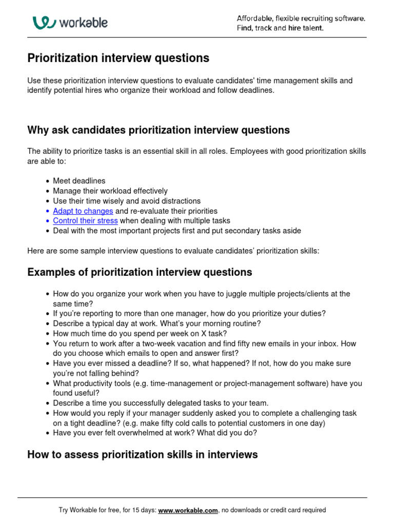 Prioritization Interview Questions Pdf Time Management Professional Skills