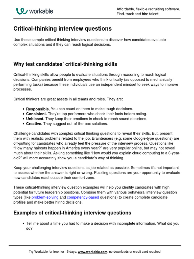 Critical Thinking Interview Questions | PDF | Critical Thinking | Thought