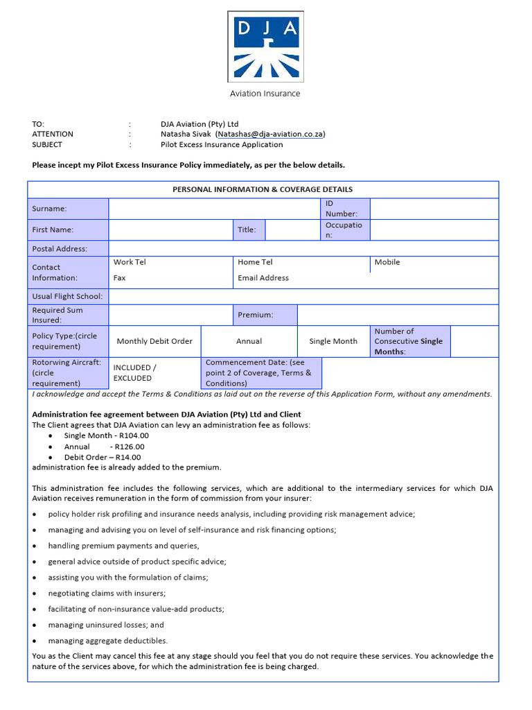 Dja Excess Insurance Application Form | PDF | Insurance | Deductible