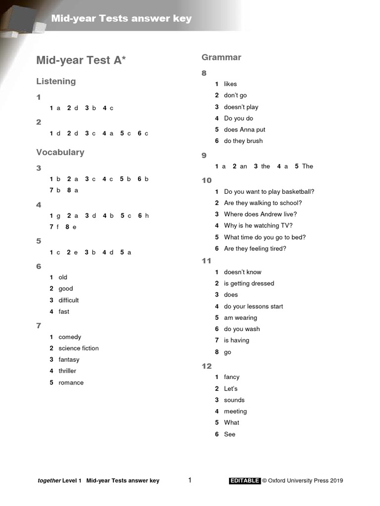 Togetherlevel 1 - Mid-Year Tests - Answer Key | PDF | Vocabulary