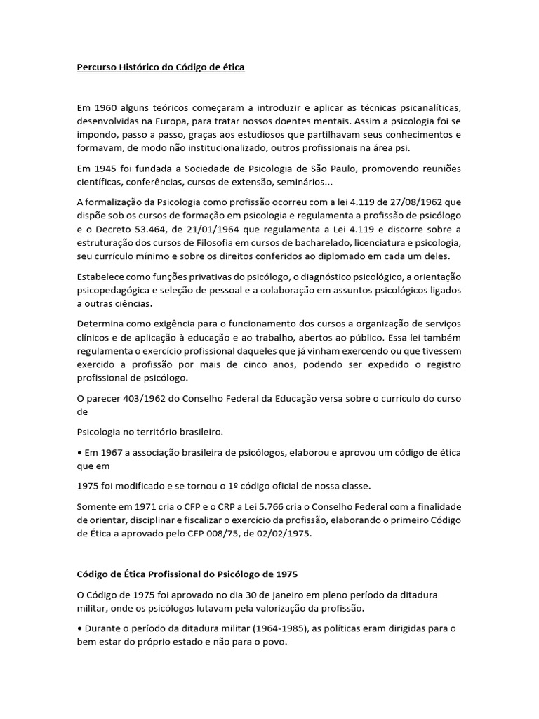 Percurso Histórico Do Código de Ética | PDF | Psicologia | Diploma de ...