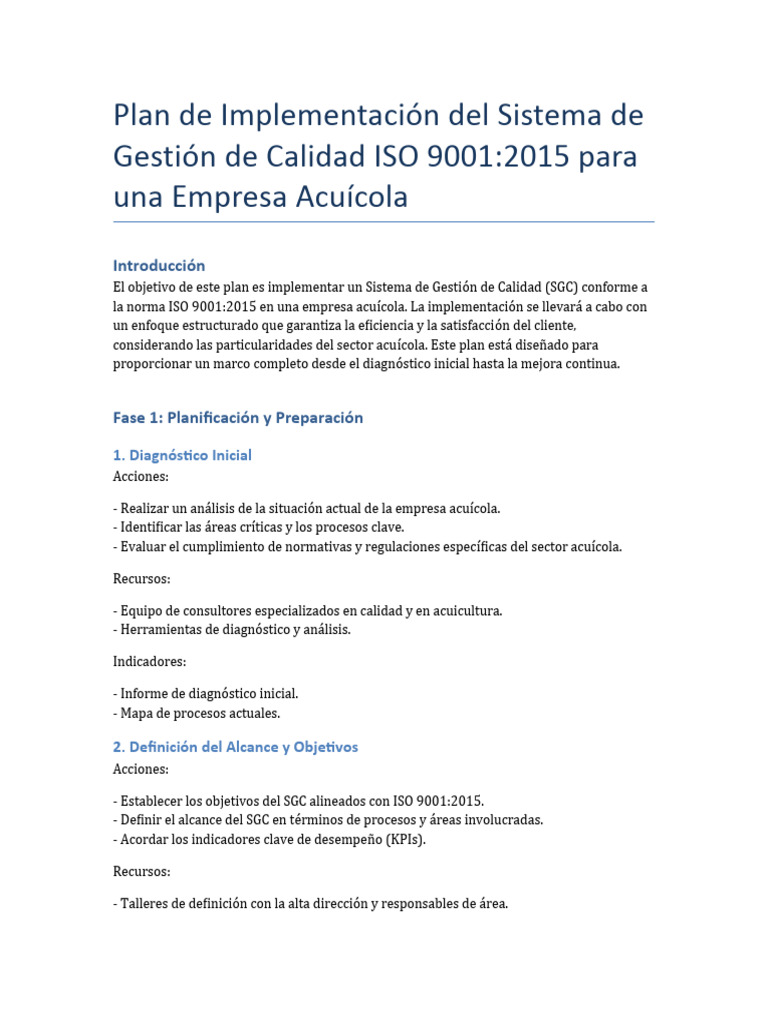 Plan Implementacion SGC ISO9001 2015 Acuicultura | PDF | Calidad ...