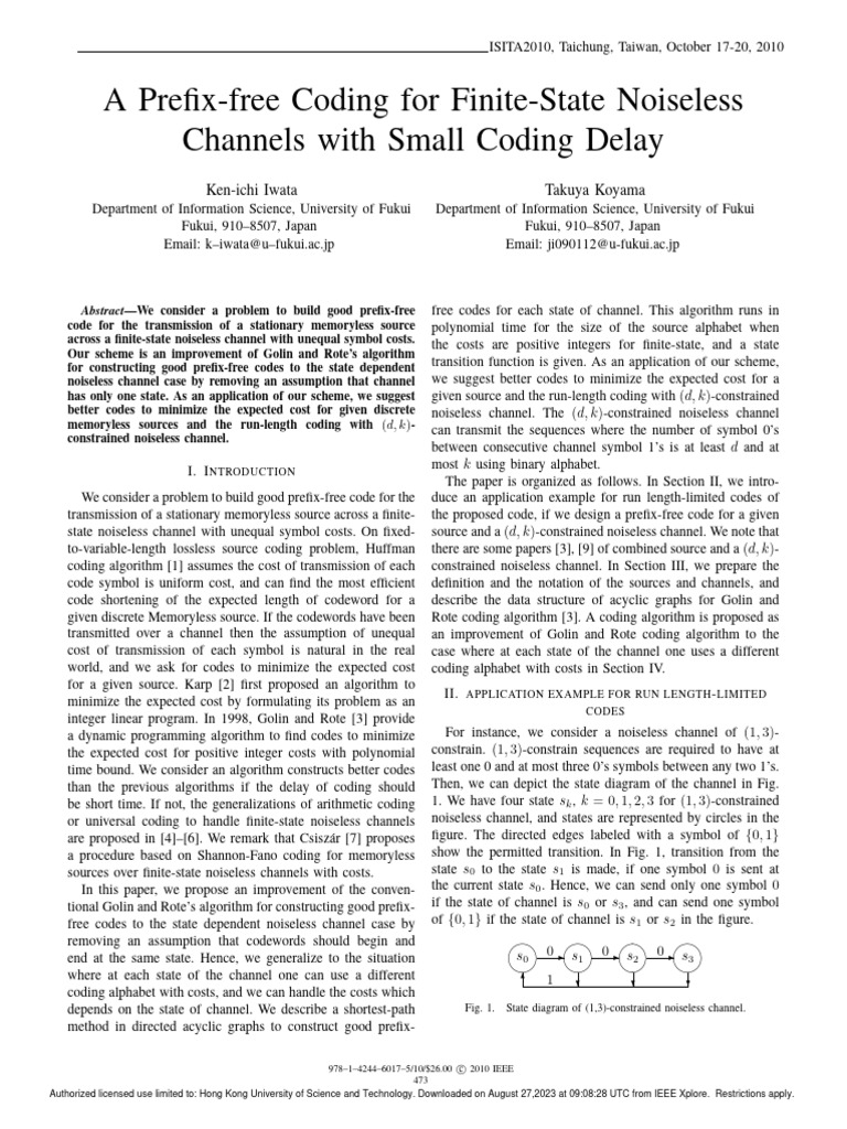 A Prefix-Free Coding For Finite-State Noiseless Channels With Small Coding Delay | PDF | Code ...
