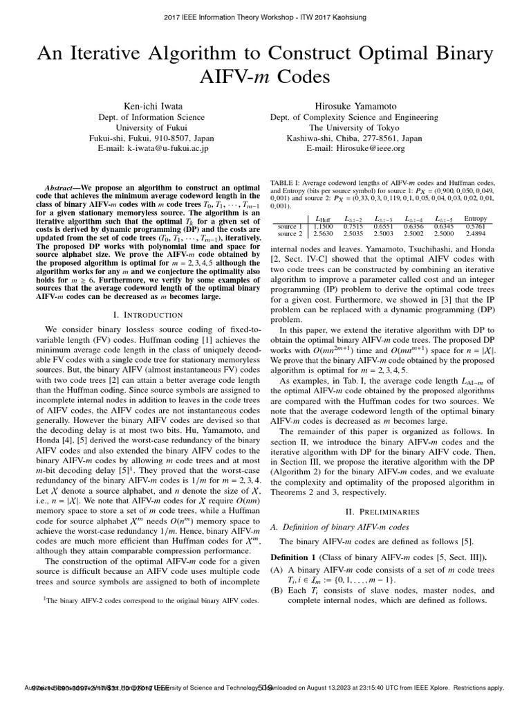 An Iterative Algorithm To Construct Optimal Binary Aifv M Codes Pdf Discrete Mathematics