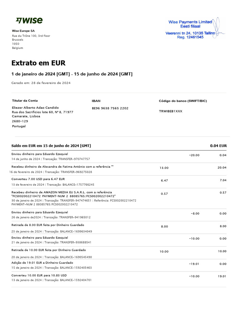 Extrato Bancário Wise em EUR | PDF | Dinheiro | Bancos
