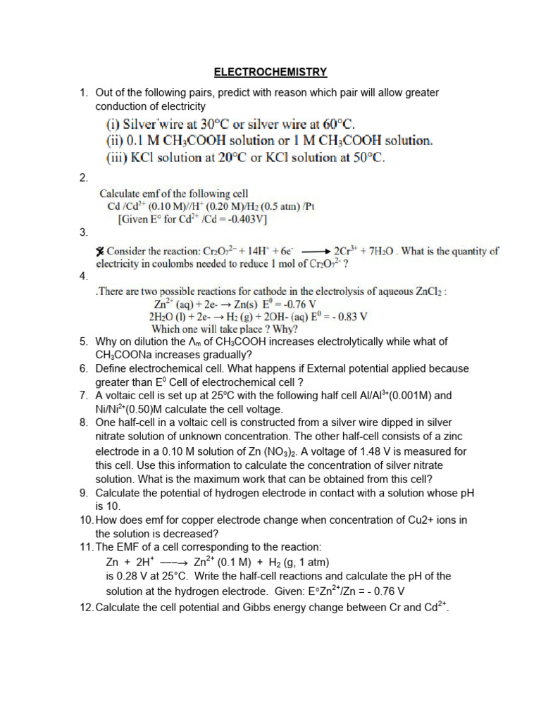 ELECTROCHEMISTRY WORKSHEET | PDF | Electrochemistry | Chemical Substances