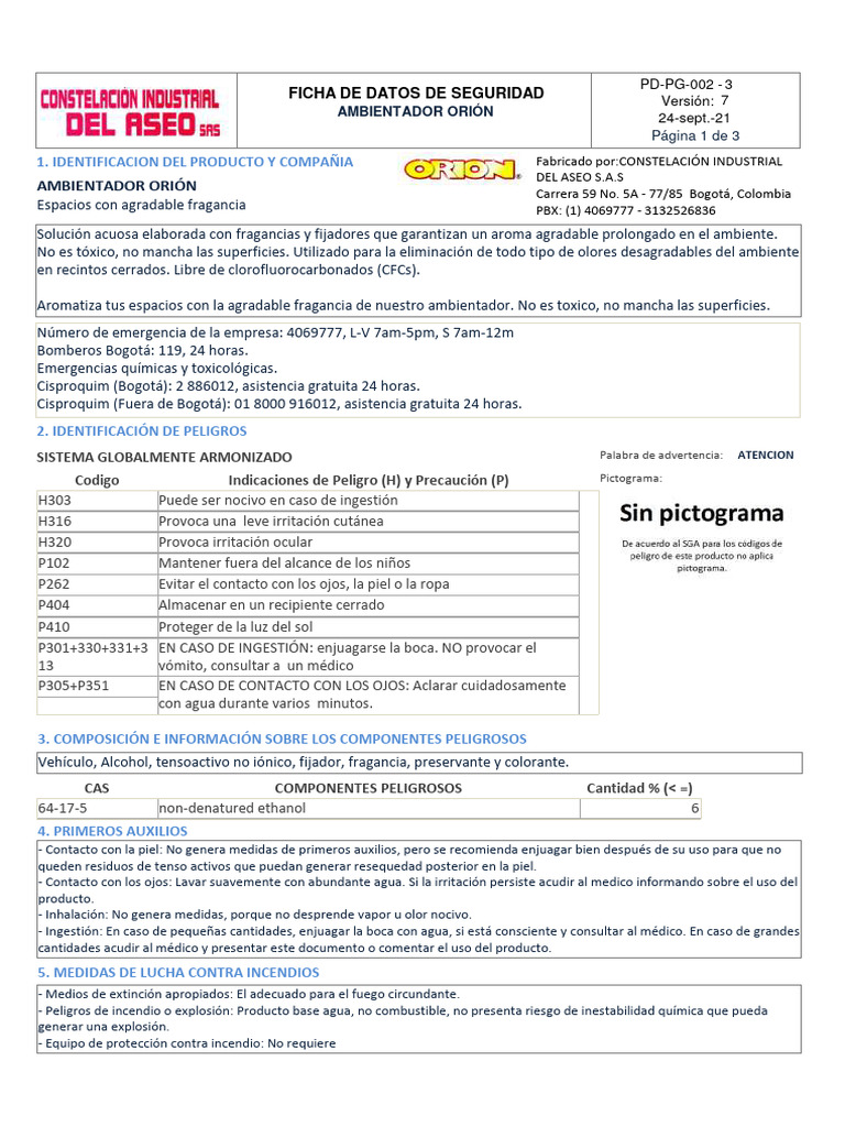 PD-PG-002-3 FDS Ambientador Orion V7 | PDF