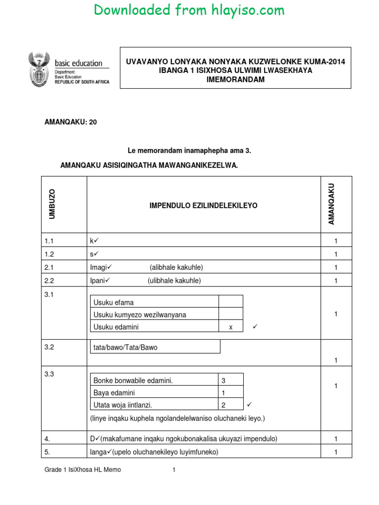 2014 ANA Grade 1 IsiXhosa HL Memo | PDF
