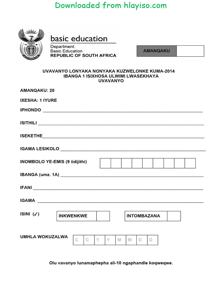 2014 ANA Grade 1 IsiXhosa HL | PDF | Language Arts & Discipline ...