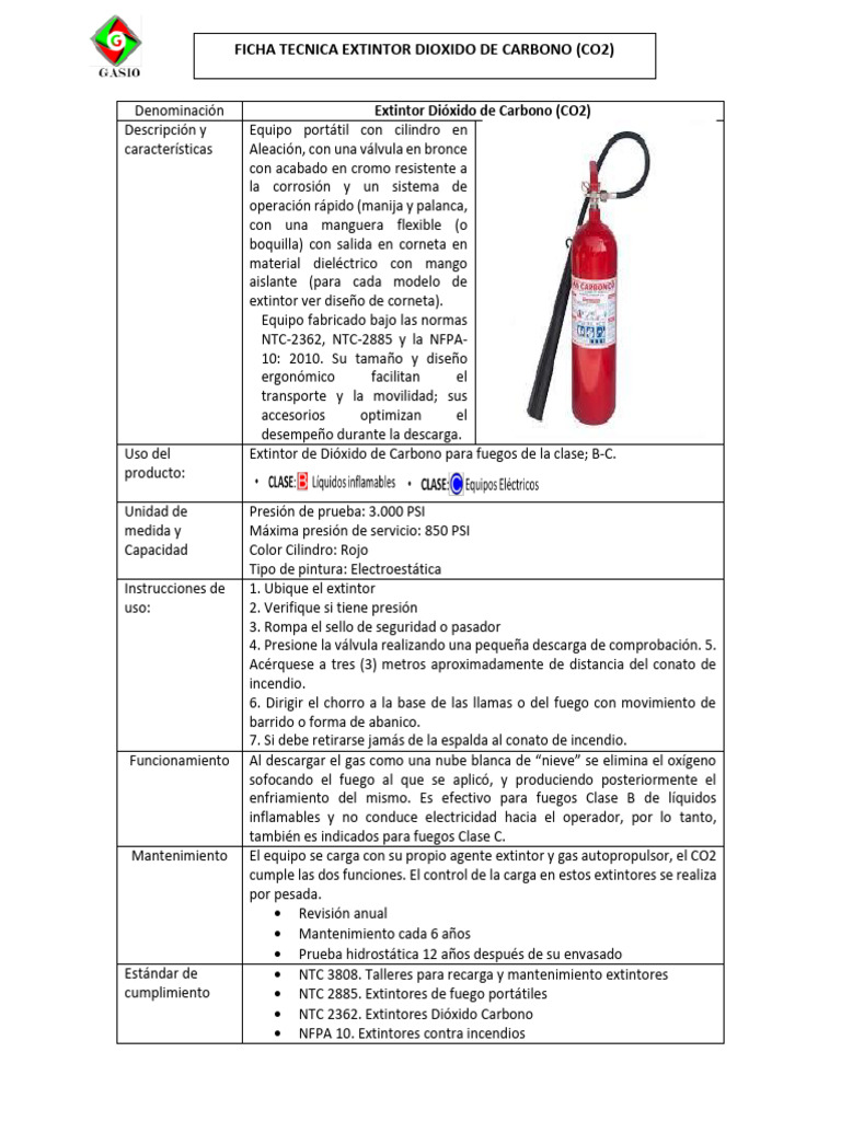 Ficha Técnica Extintor CO2 Portátil | PDF | Dióxido de carbono | Materiales