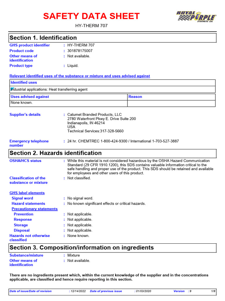 Hy-Therm 707 - Us SDS | PDF | Toxicity | Occupational Safety And Health