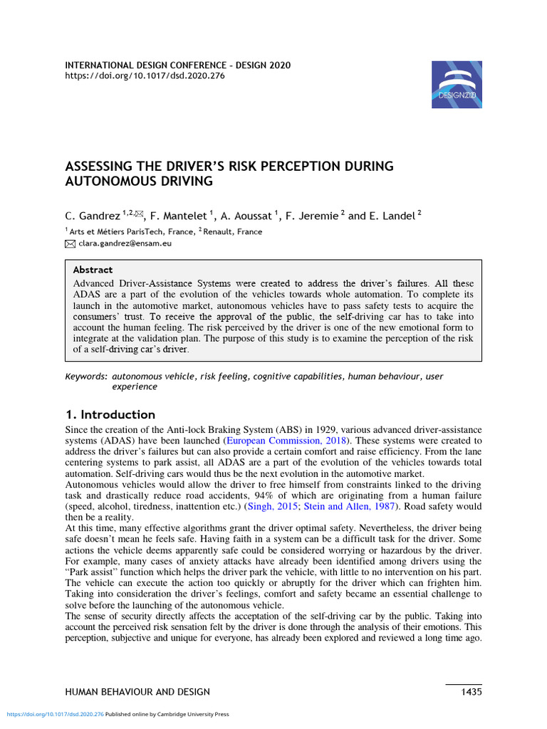 Assessing The Drivers Risk Perception During Autonomous Driving | PDF ...