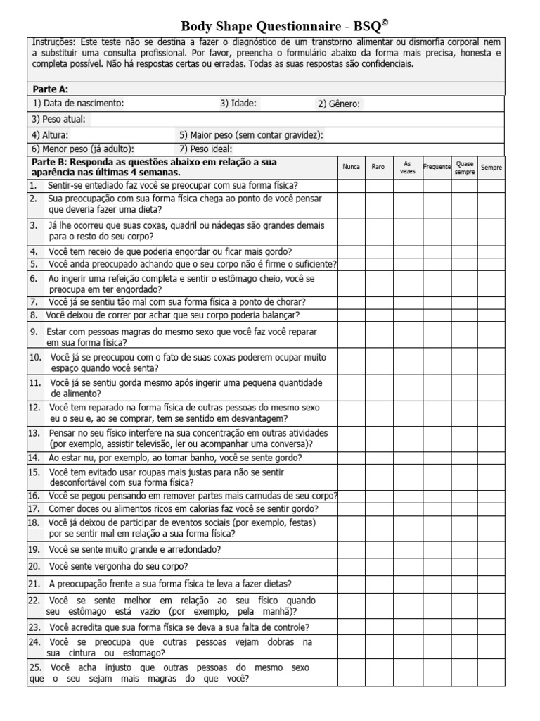 Inventário Body Shape Questionnaire BSQ | PDF
