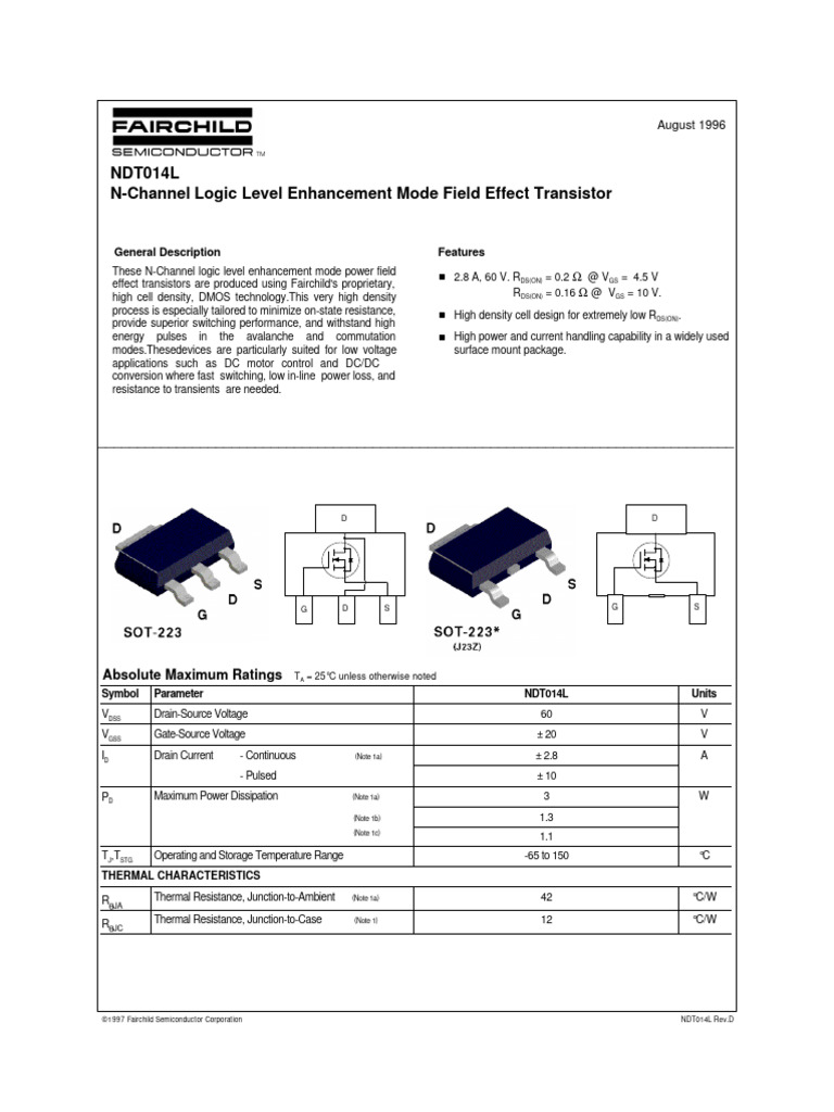 NDT014L 116182 | PDF | Field Effect Transistor | Mosfet