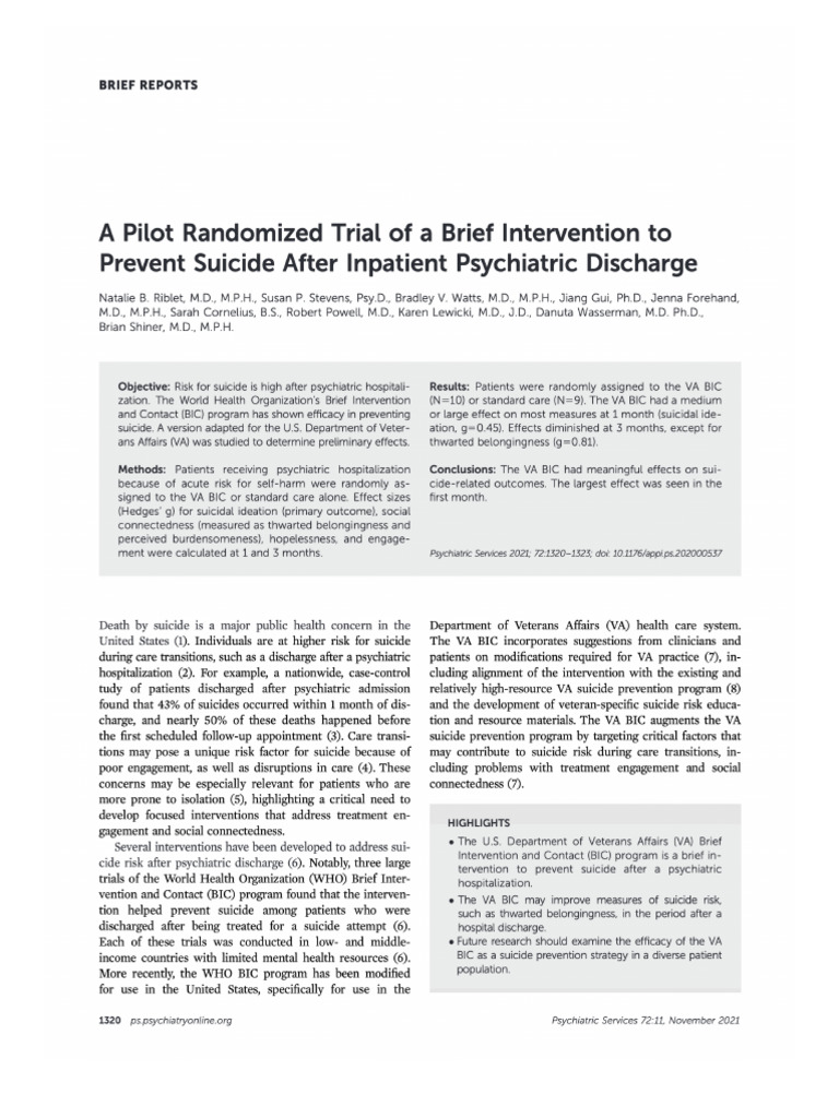 A Pilot Randomized Trial of A Brief Intervention To Prevent Suicide After Inpatient Psychiatric ...
