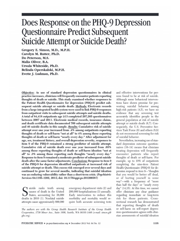 Does Response On The PHQ-9 Depression Questionnaire Predict Subsequent ...