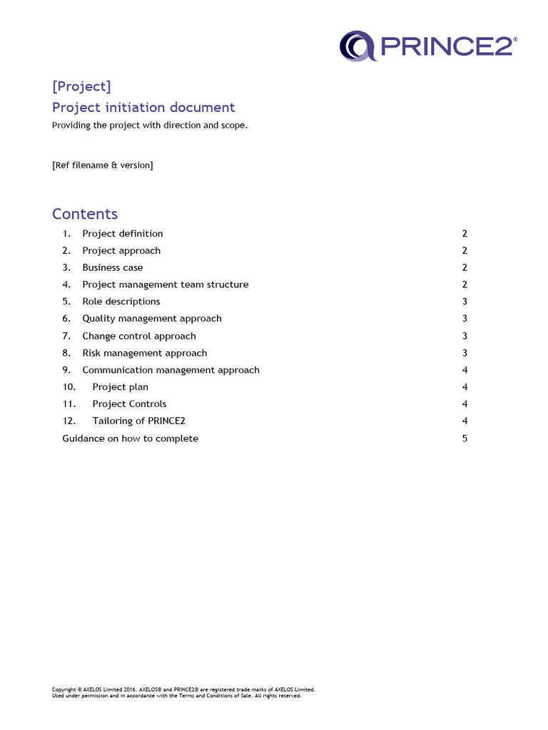 PRINCE2 2017 Project Initiation Documentation | PDF | Project ...