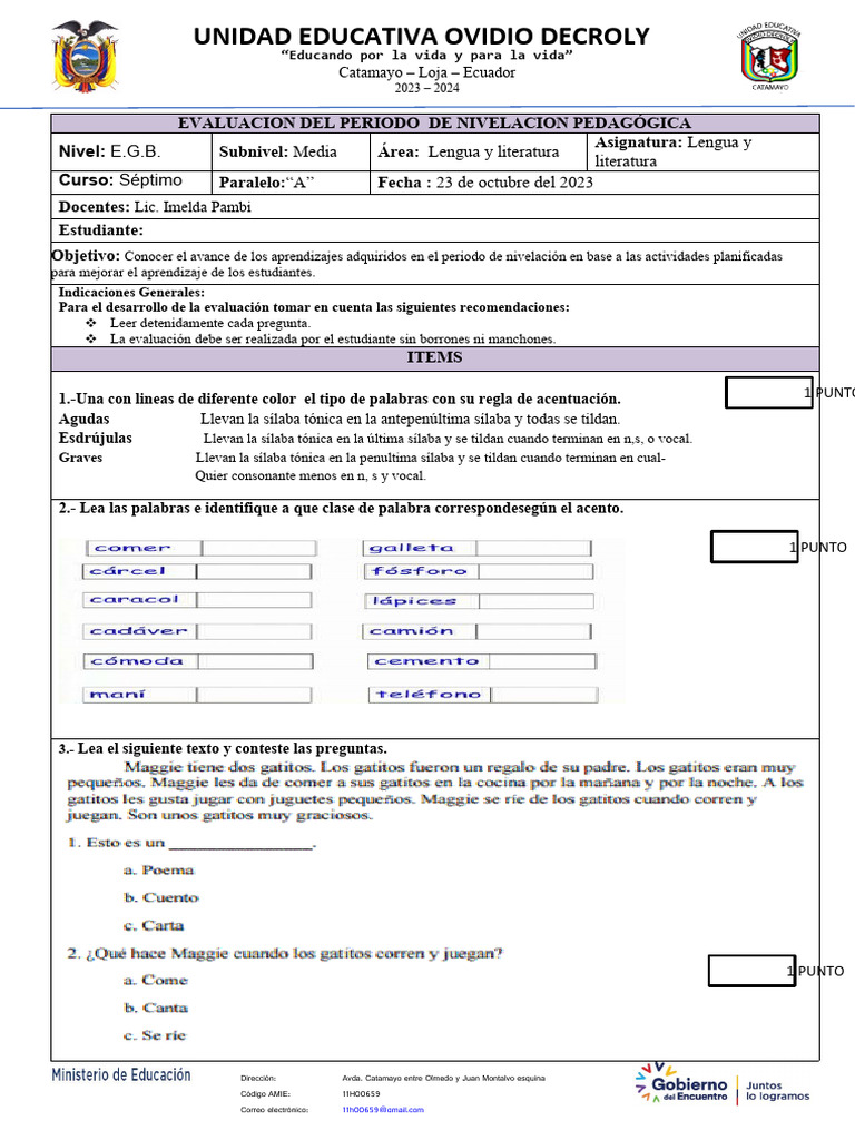 Evaluacion de Lengua y Literatura | PDF | Verbo | Sílaba