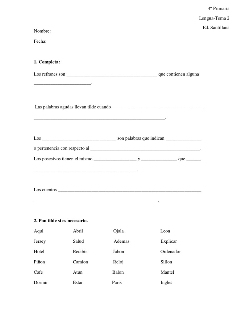 Examen Tema 2 Lengua 4º Primaria Santillana | PDF