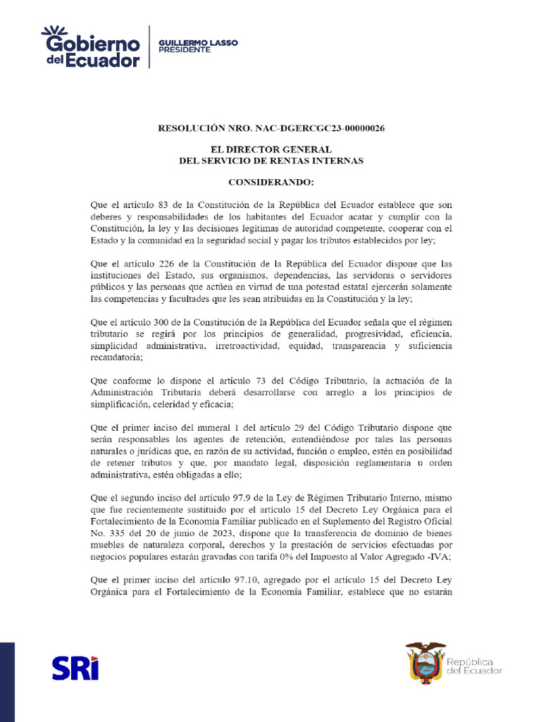 RESOLUCIÓN NRO. NAC DGERCGC23 00000026. REFORMAR LA RESOLUCIÓN No. NAC ...